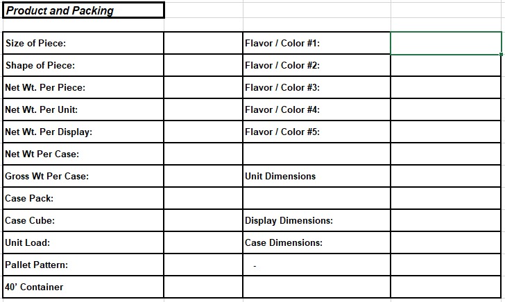 spec sheet product packing | The Foreign Candy Company